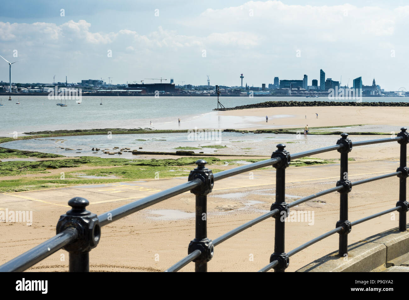 Liverpool skyline and New Brighton beach scene, with sea, River Mersey ...