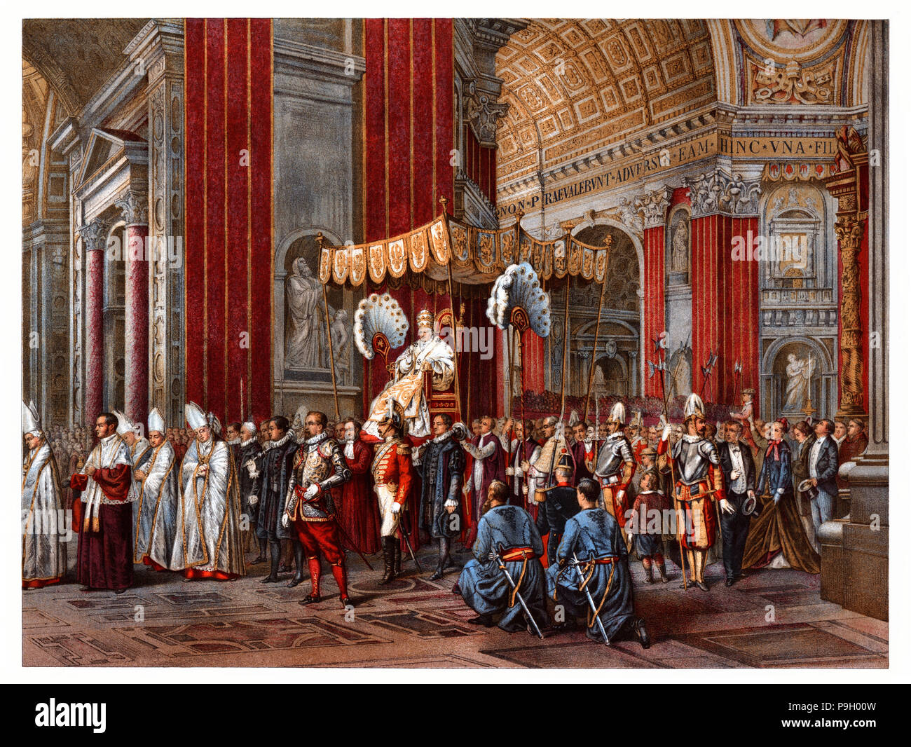 Pontifical ceremonies. Pope Pius IX led to his seat of honour. Color ...