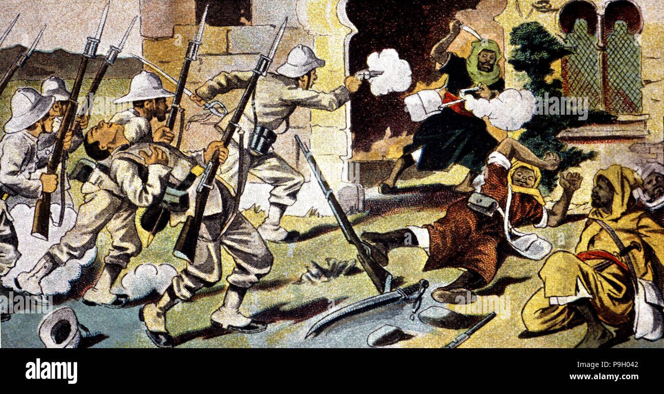 Morocco's War (1909-1913), assault to the Kabyle of Frajana, drawing of ...