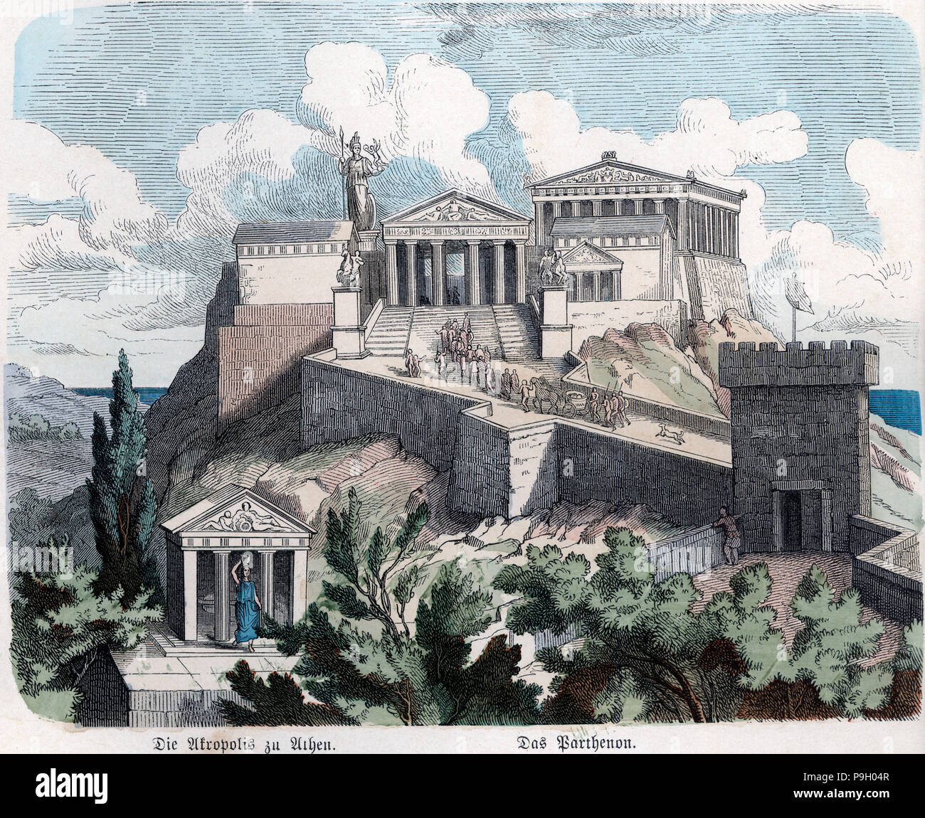 View of the Acropolis and the Parthenon, colored engraving, 1865 Stock ...