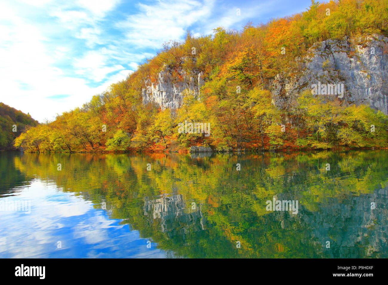 Fall landscape in National park Plitvice lakes, famous touristic ...