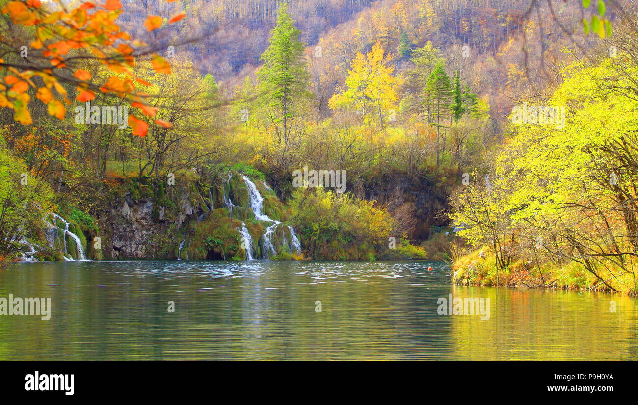 Fall landscape in National park Plitvice lakes, famous touristic ...