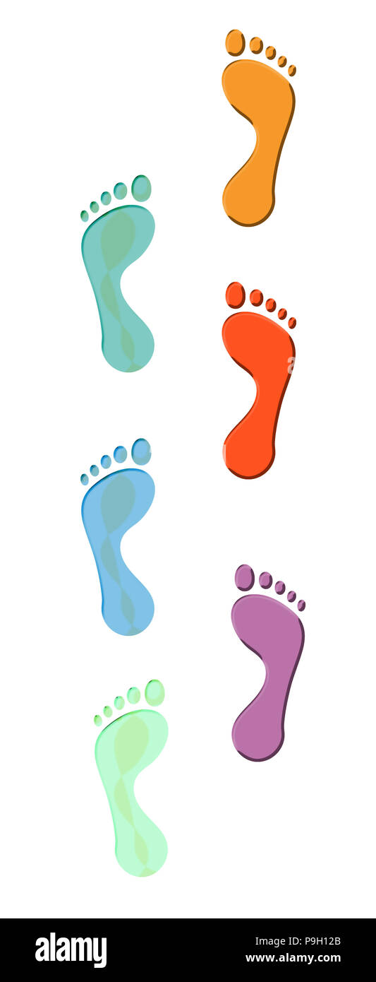 Digitally painted image of a colourful set of footprints on white ...