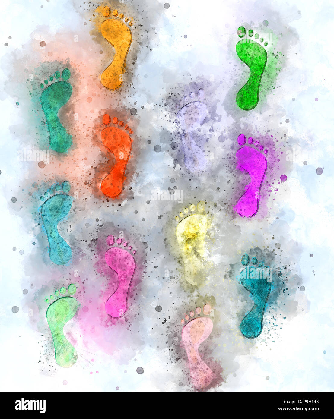 Digitally painted image of two colourful sets of footprints. A concept ...
