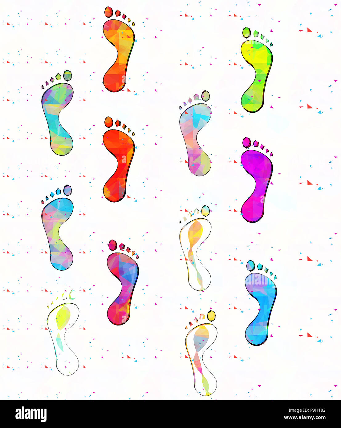 Digitally painted image of two colourful sets of footprints. A concept ...