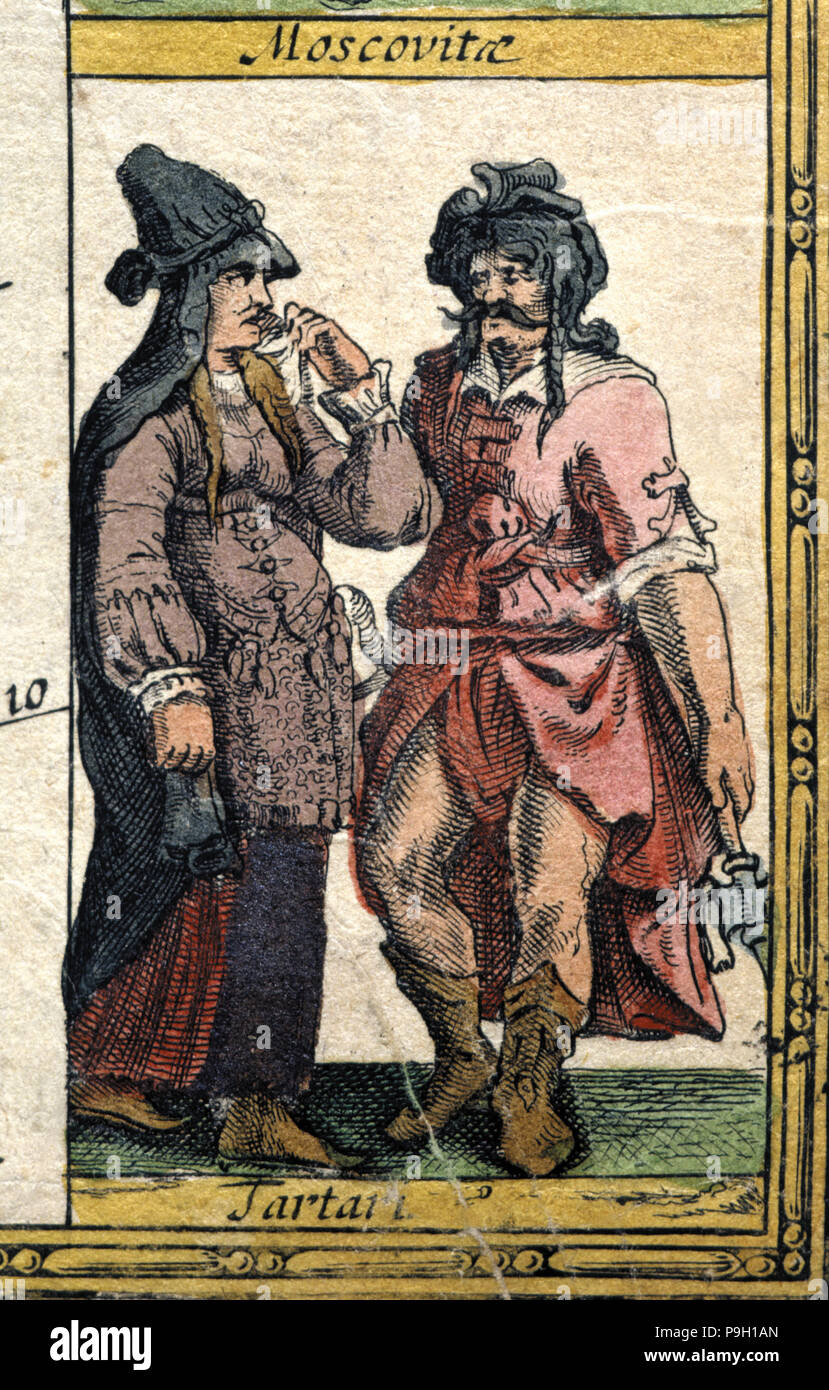 Tartar types, colored engraving from the book 'Le Theatre du monde' or ...