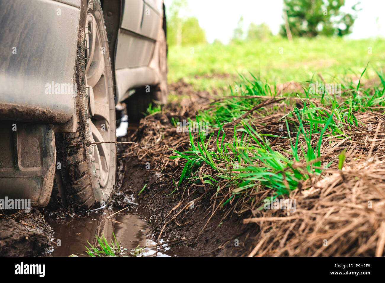 the wheel of a passenger car stuck in the mud on an off-road Stock ...