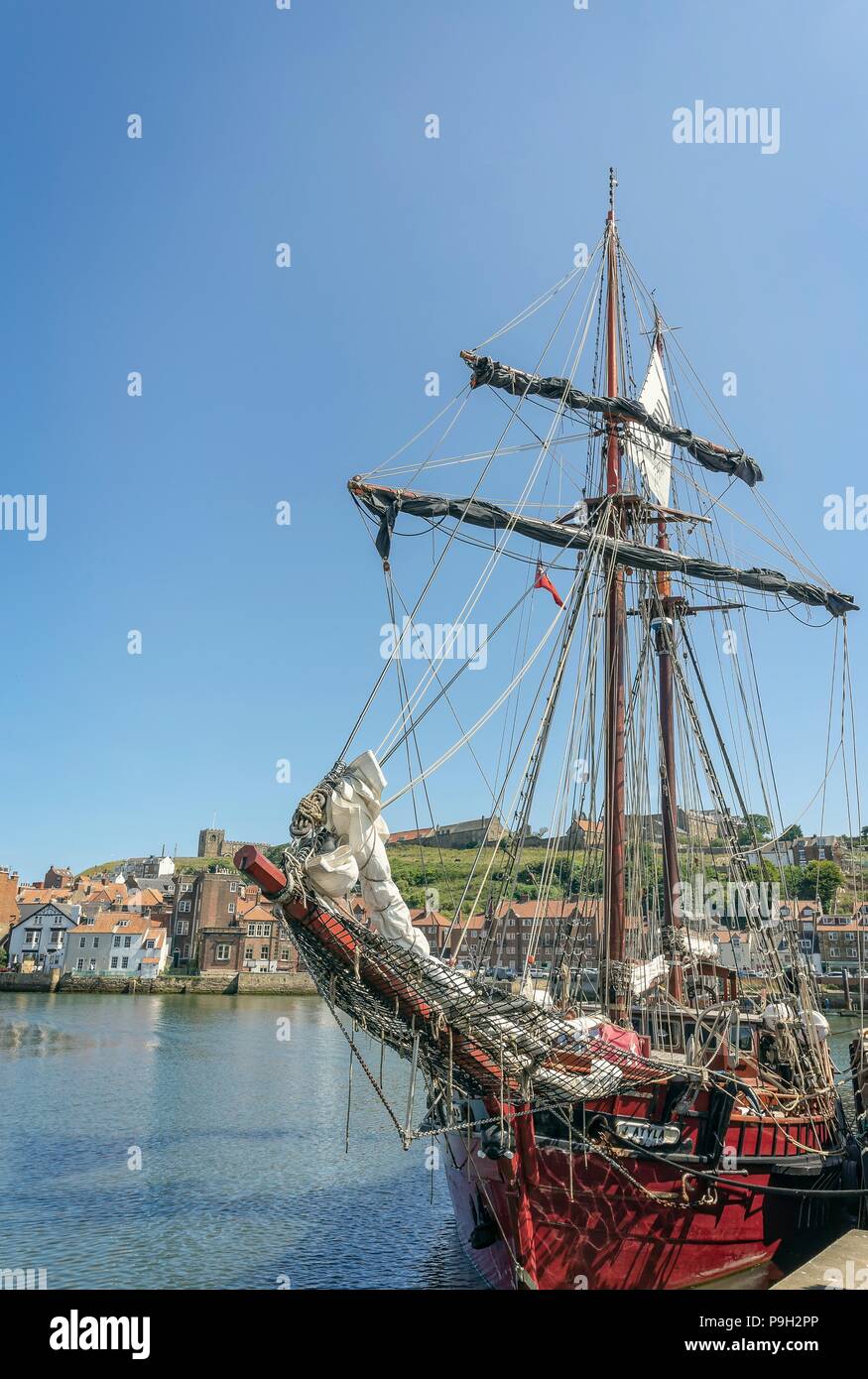 The training ship Atyla, with its masts and sails, docked in Whitby ...