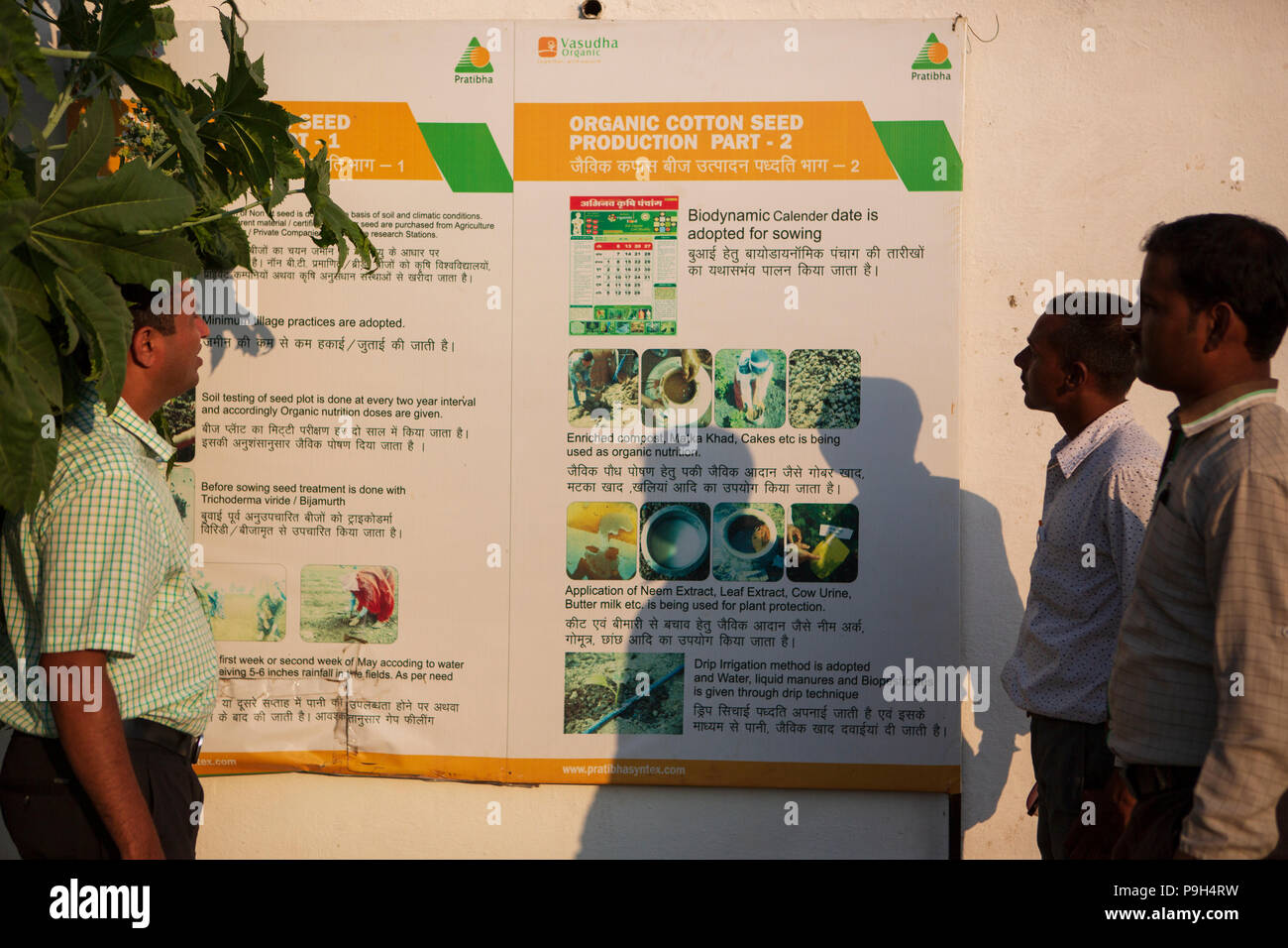 Farmers reading a large poster about organic cotton seed production ...