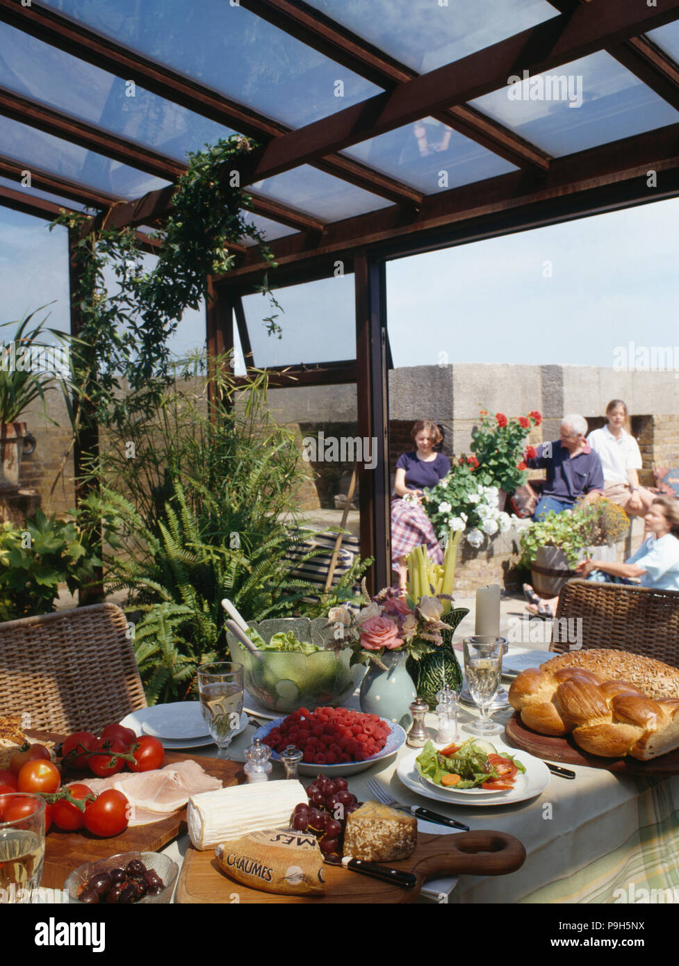 Conservatory with table piled with food and view of family enjoying the ...