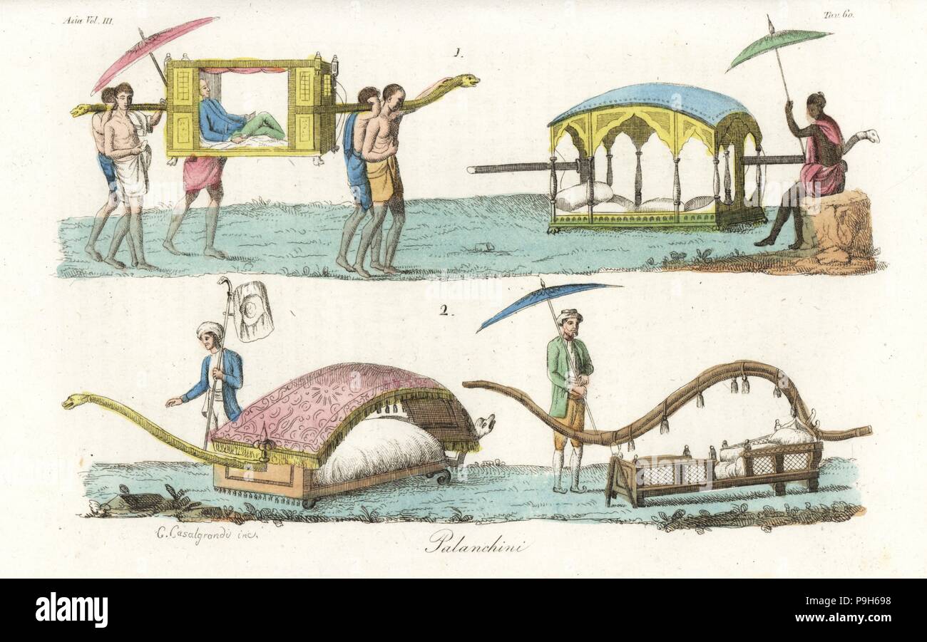 Indian transport: sedan chair or palanquins. Long palanquin, miyana ...