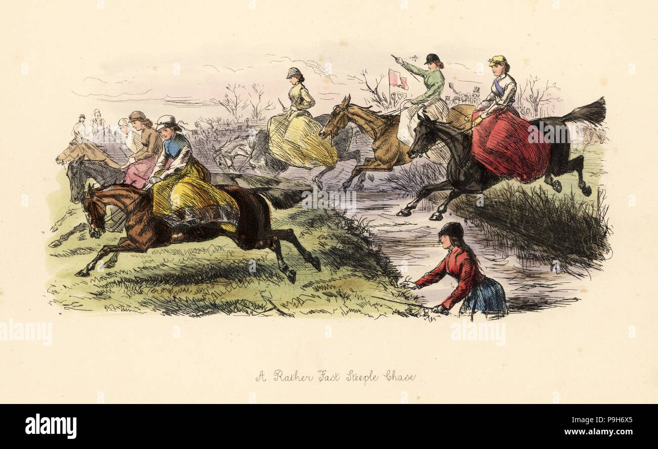 A Rather Fast Steeple Chase, 1864. Ladies riding horses side-saddle ...