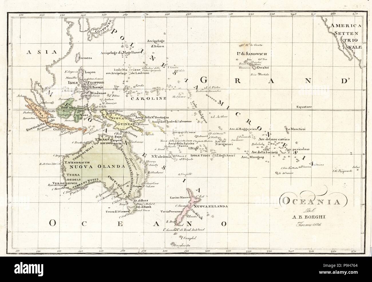 Map of Oceania and the southern Pacific by Bartolomeo Borghi, Florence ...