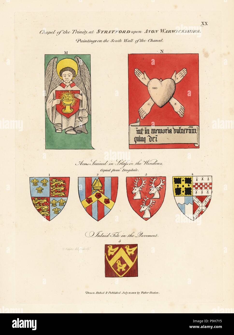 An angel holding a shield with chalice and wafer M, the five wounds of ...