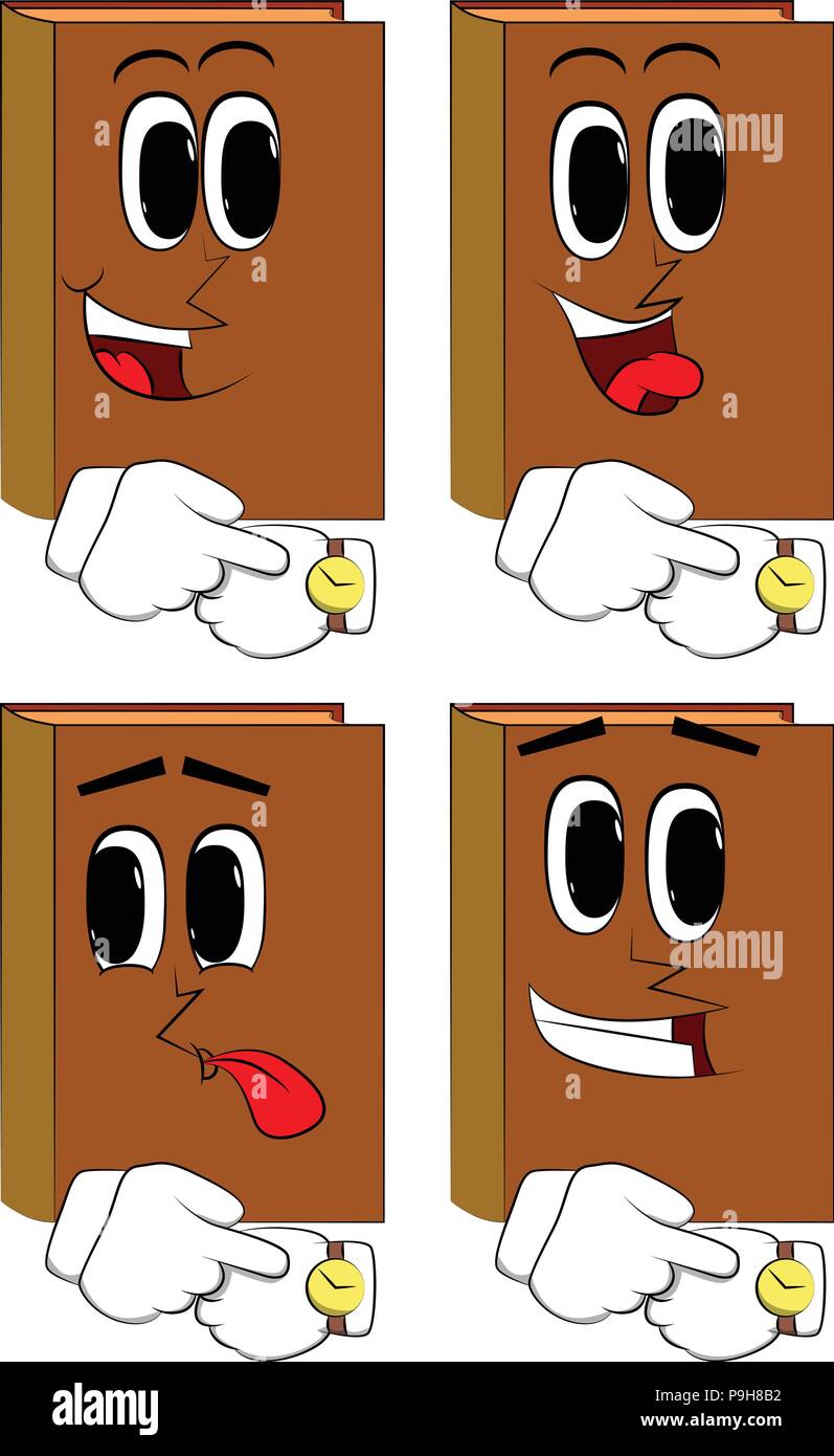 Books checking his watch. Cartoon book collection with happy faces ...