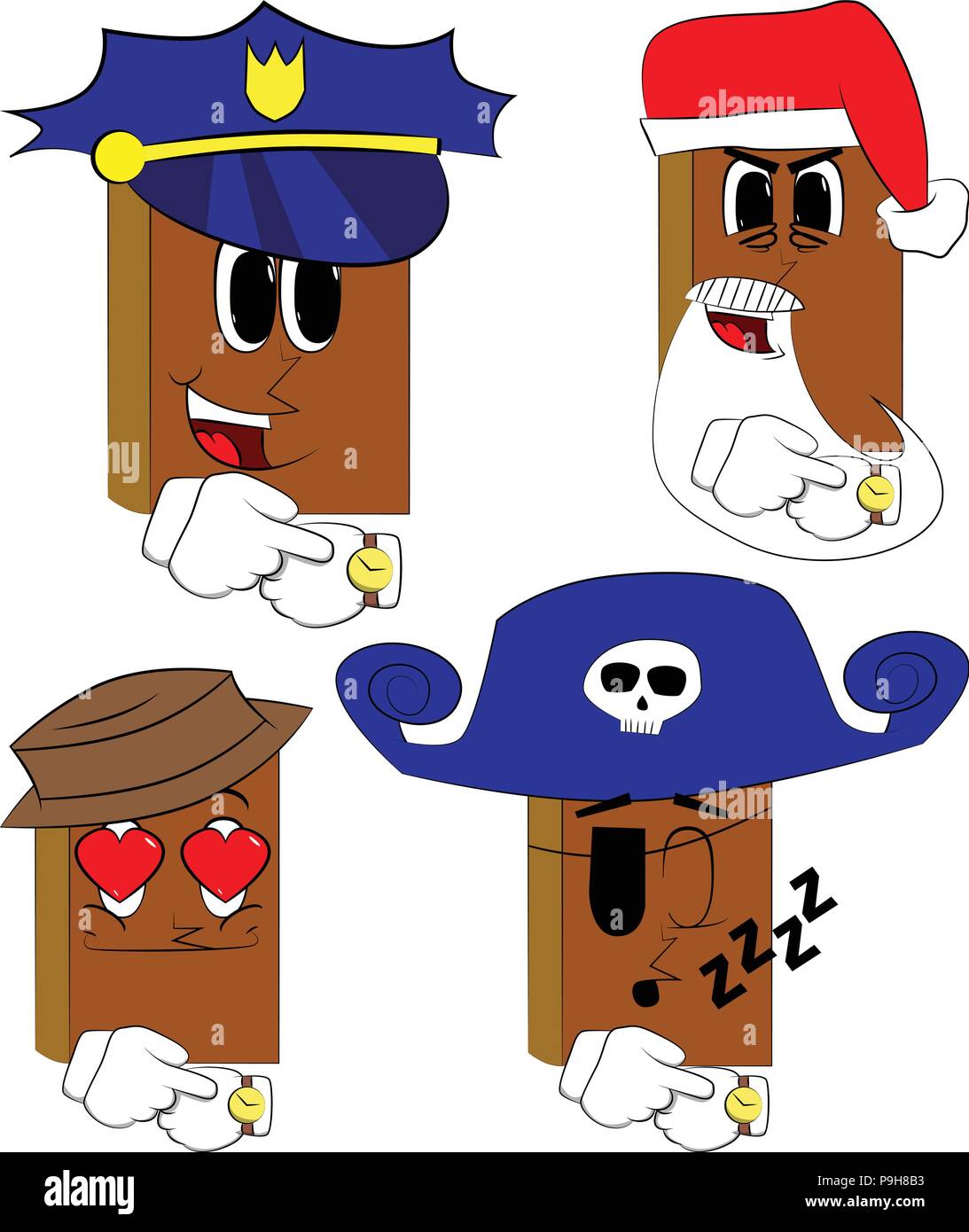 Books checking his watch. Cartoon book collection with costume faces ...