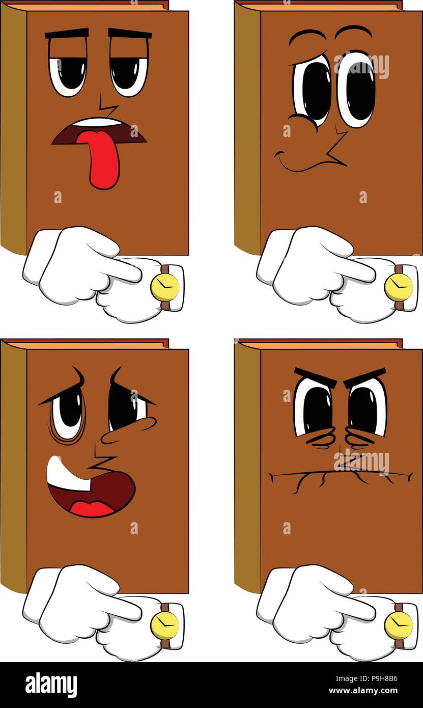 Books checking his watch. Cartoon book collection with sad, bored and ...