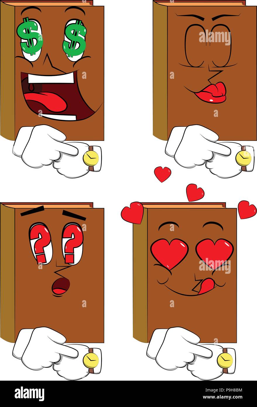 Books checking his watch. Cartoon book collection with various faces ...