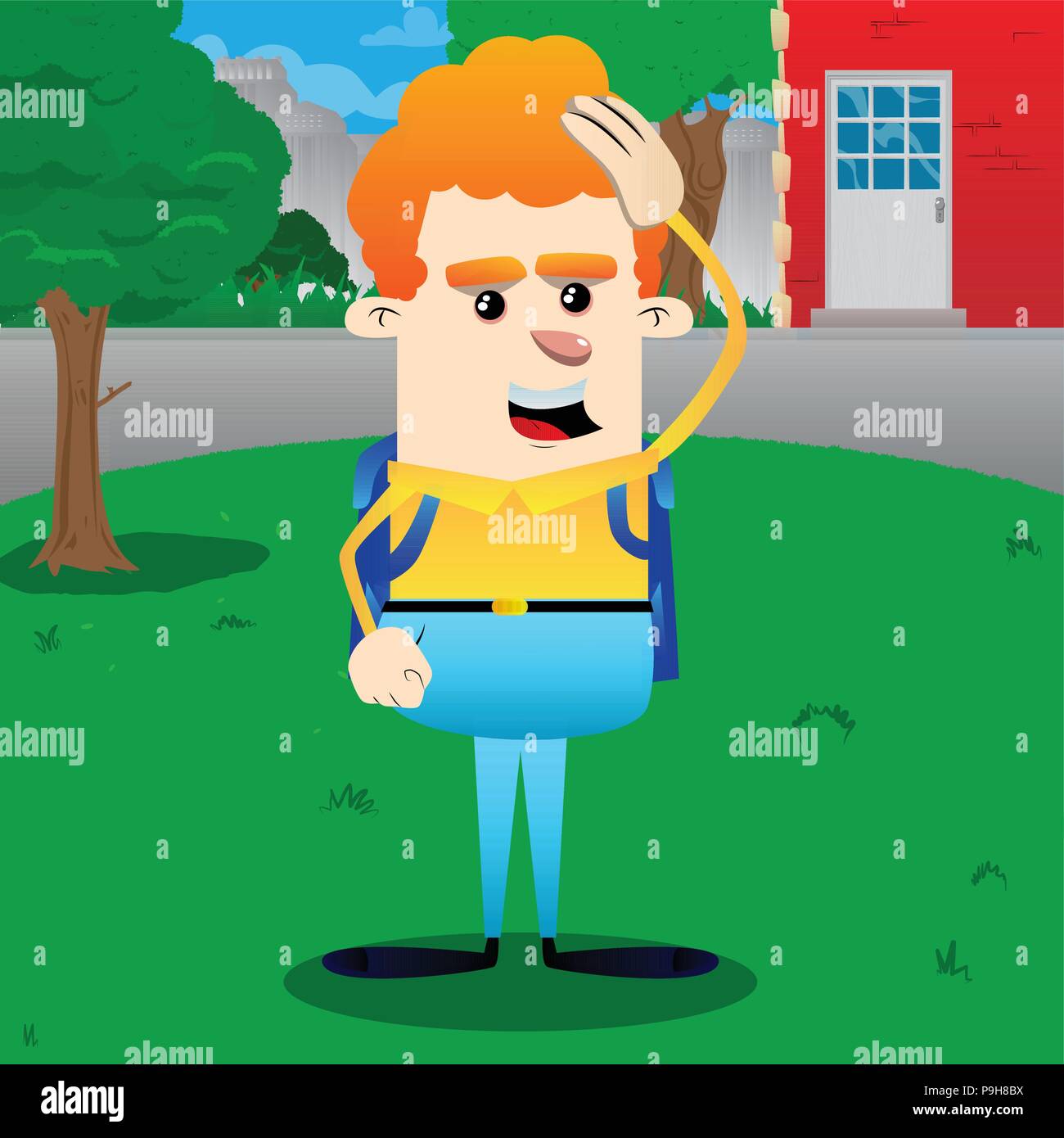 Schoolboy placing hand on head. Vector cartoon character illustration ...