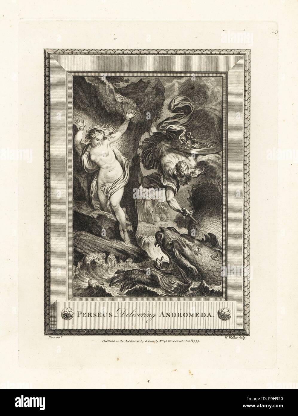 Perseus delivering Andromeda from the sea monster Cetus. Copperplate ...