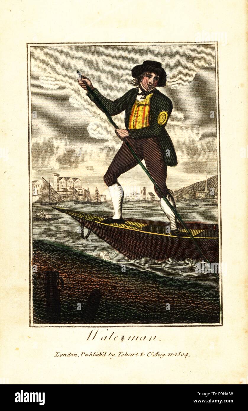 Waterman on his rowboat ferry on the River Thames, London. His coat and ...