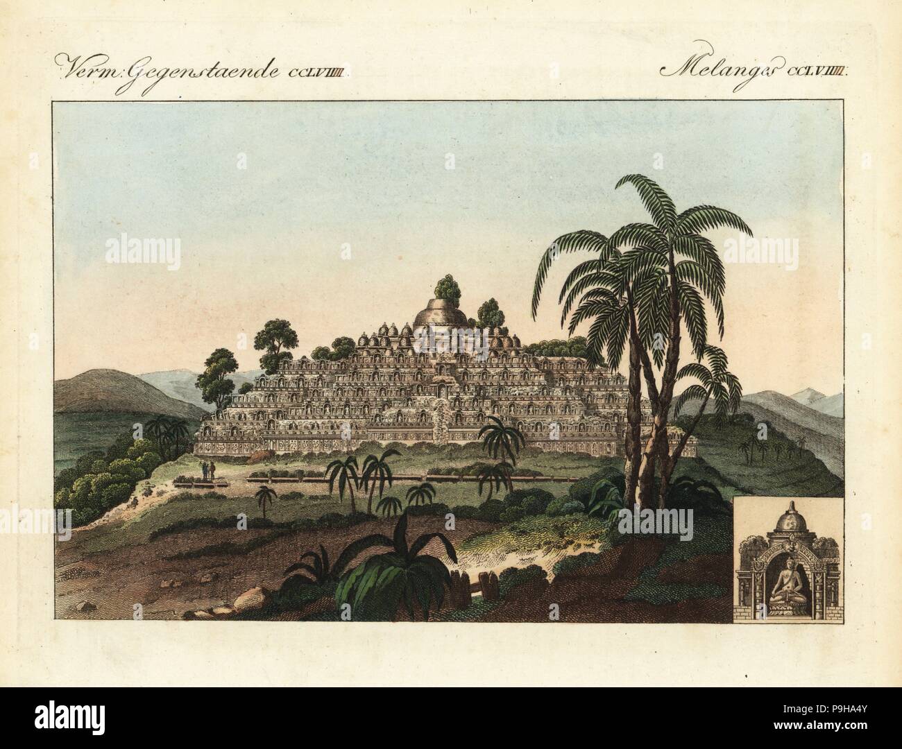 Buddhist Temple of Borobudur, Java, Indonesia, circa 1820. Handcoloured ...