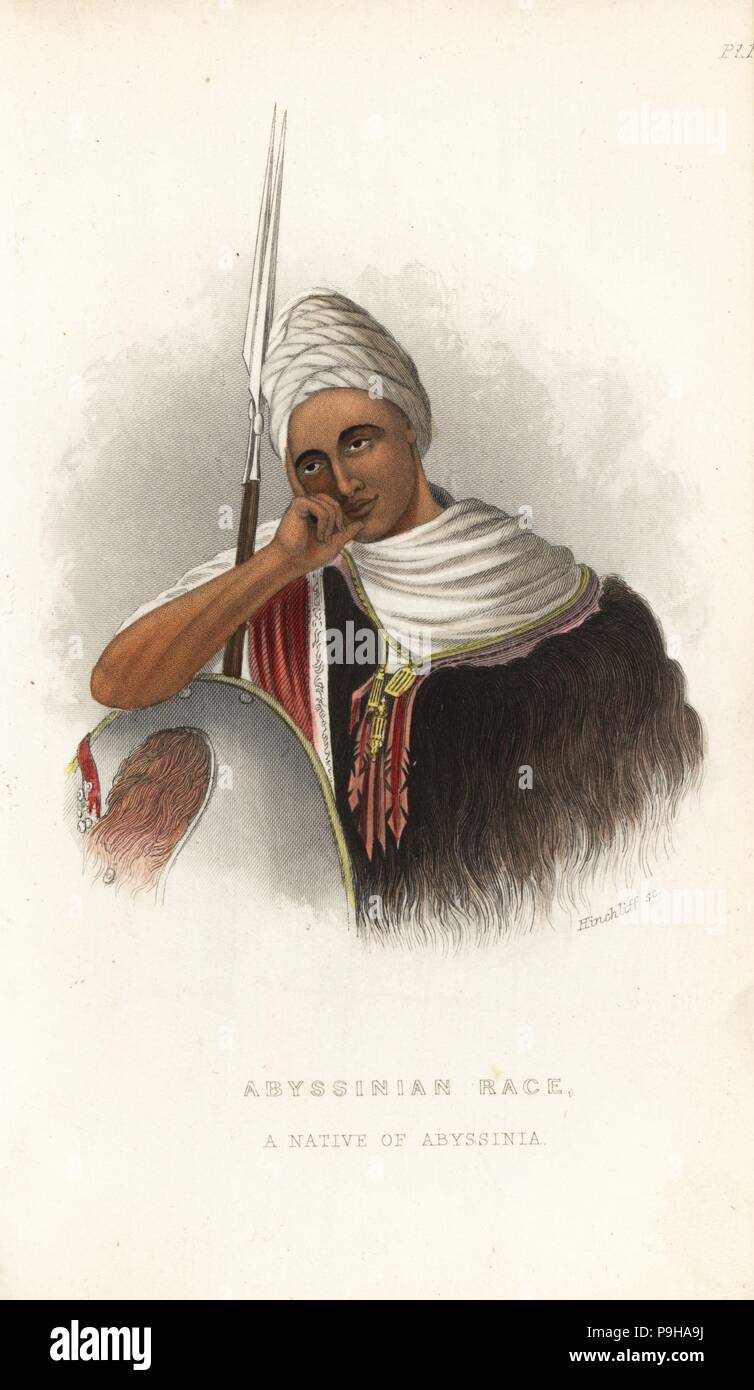 A native man of Abyssinia with animal-skin cape, turban, spear and ...