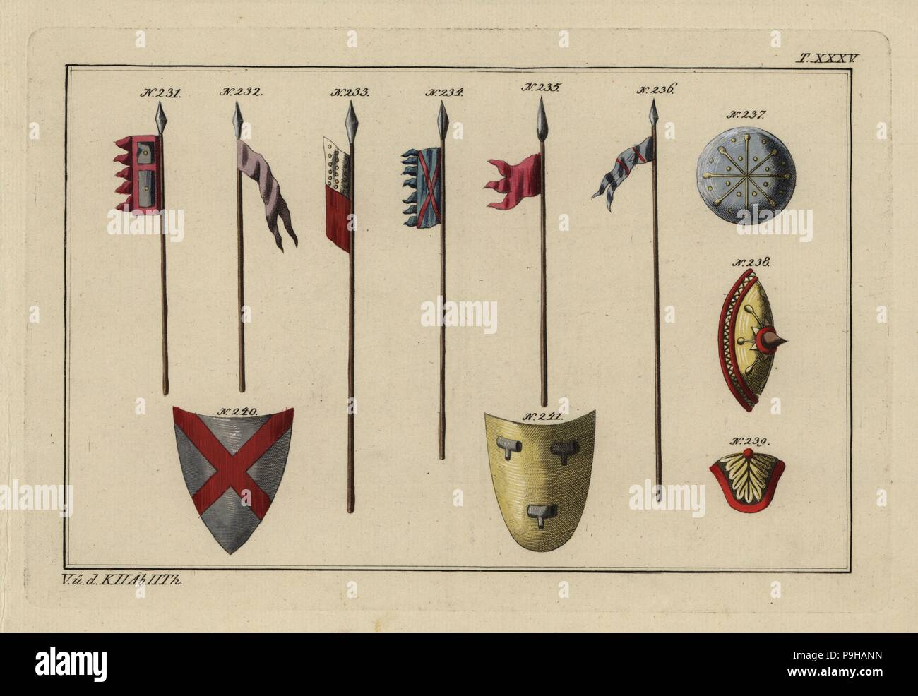 Norman weaponry: banner on lance 231, flags 232-235, infantry lance 236 ...
