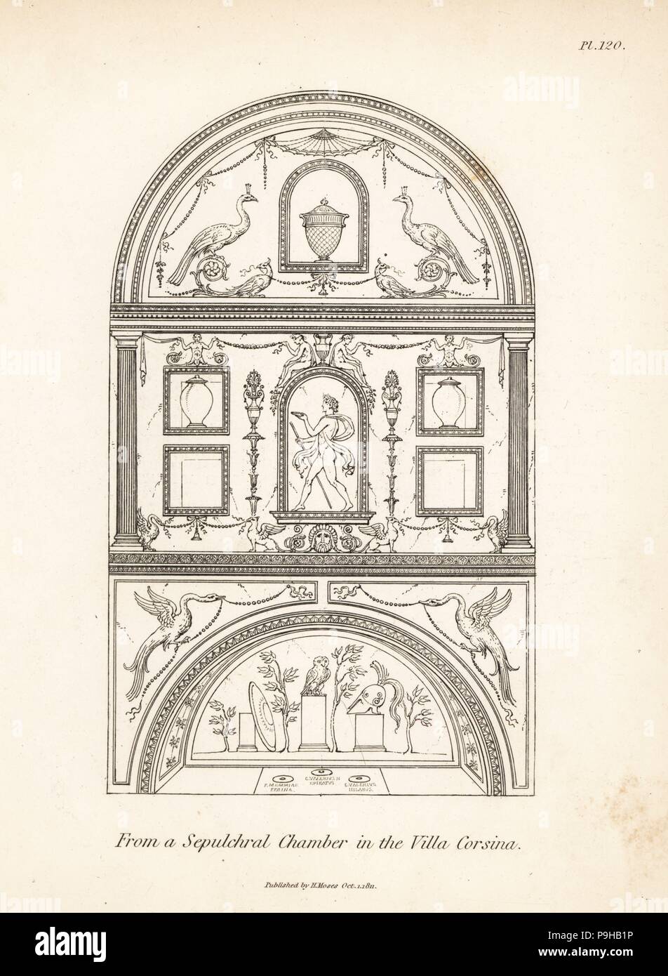 Wall of funeral urns in alcoves in a sepulchral chamber in the Villa ...