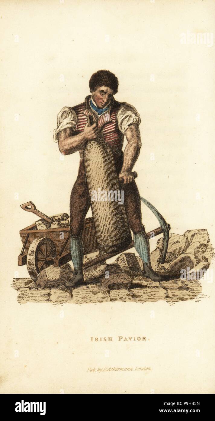 Irish pavier or paver laying paving stones. Handcoloured copperplate ...