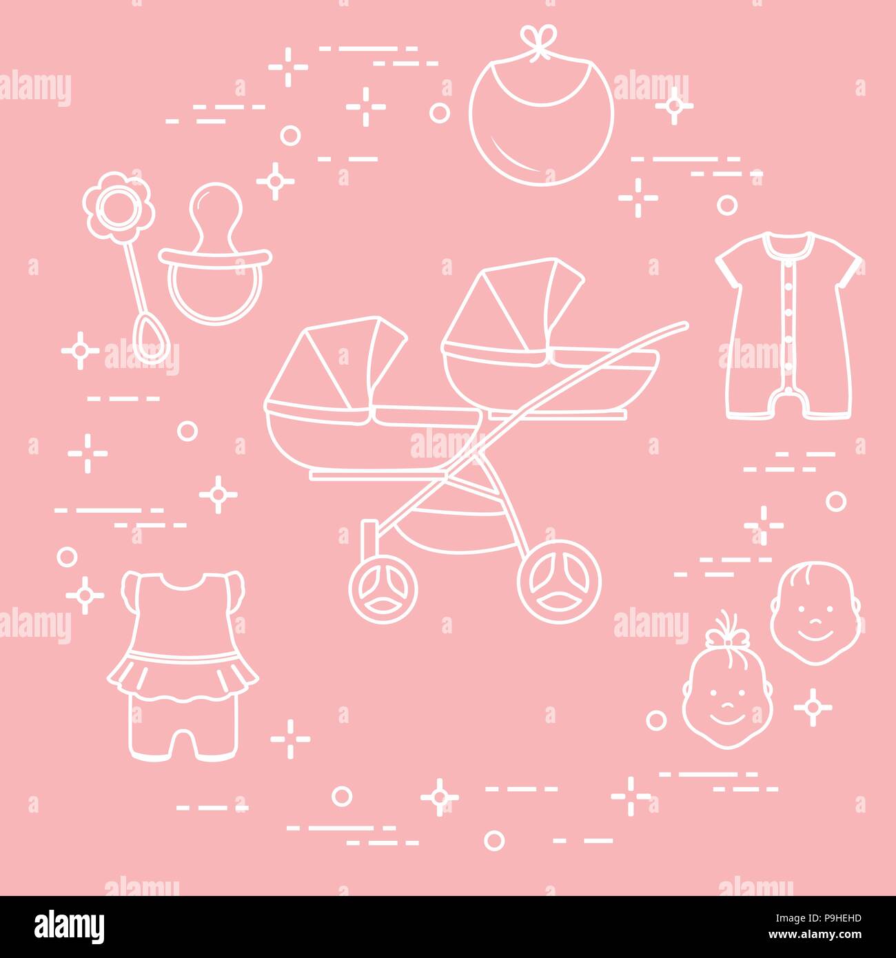 Goods for babies. Stroller for twins, faces boy, girl, rattle, pacifier ...