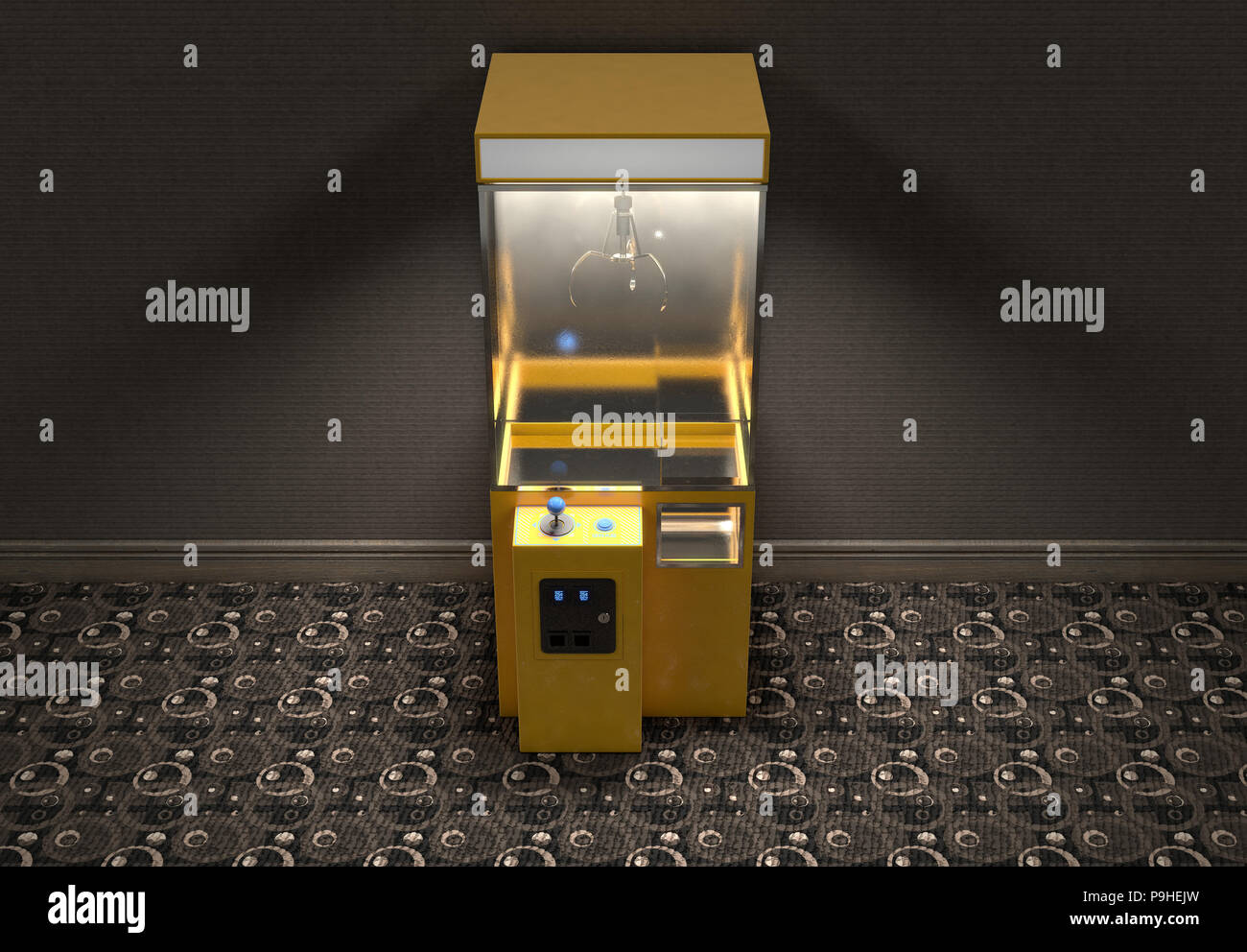 A yellow empty arcade type claw grabber game in a dimly lit vintage ...