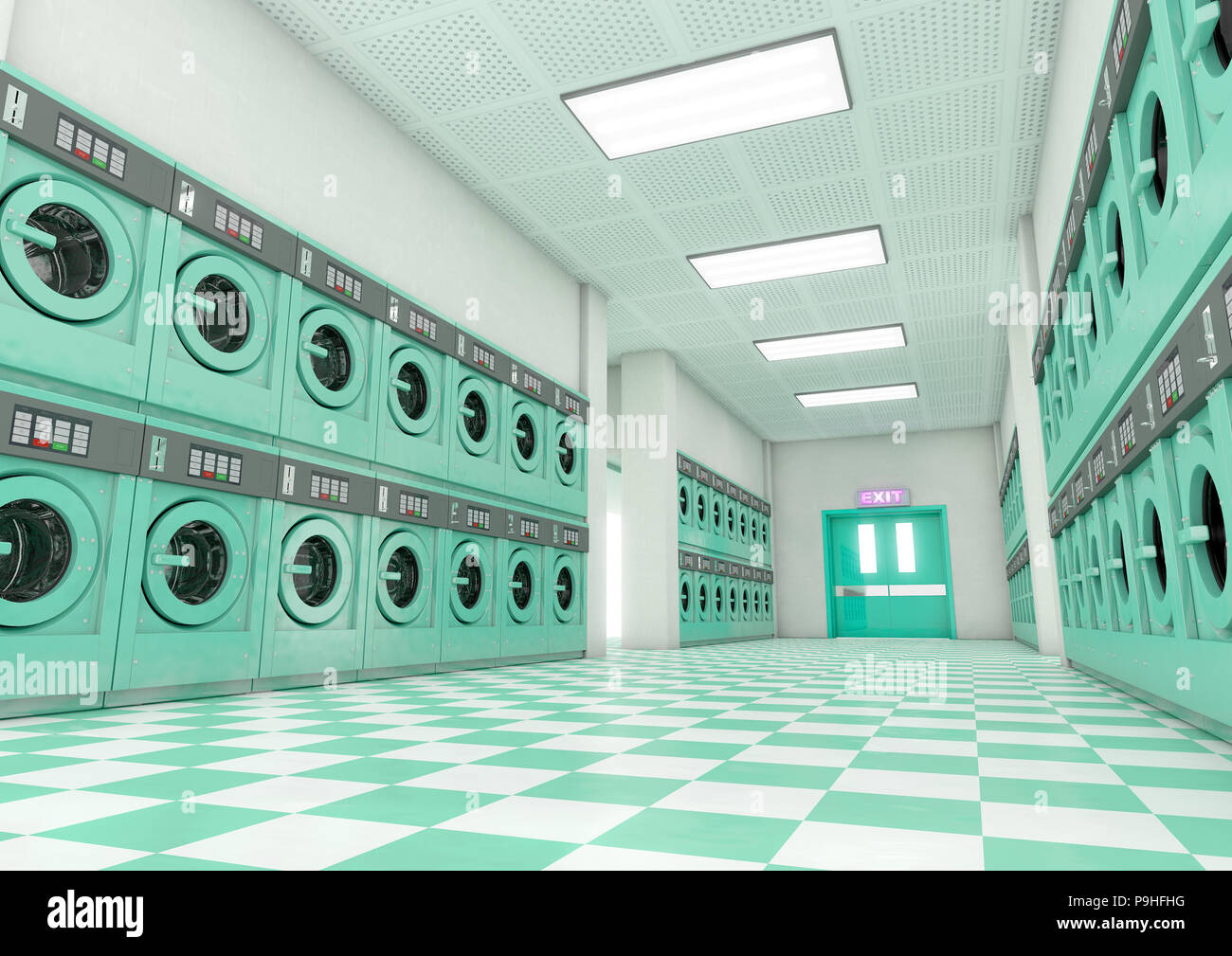 A look down a well lit clean aisle of turquoise industrial washing ...