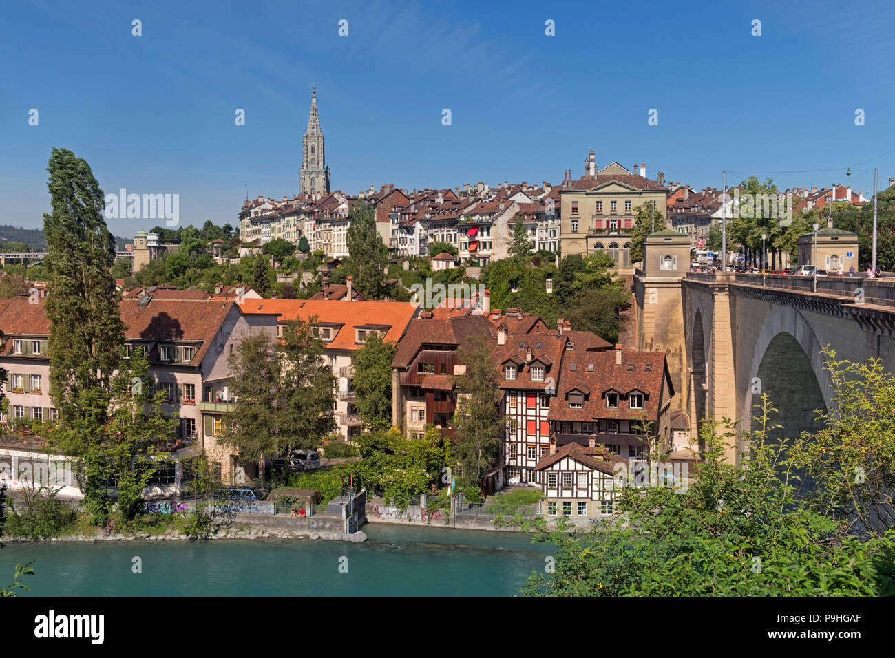 City view Minster Cathedral and Nydeggbrücke bridge Old Town Bern ...