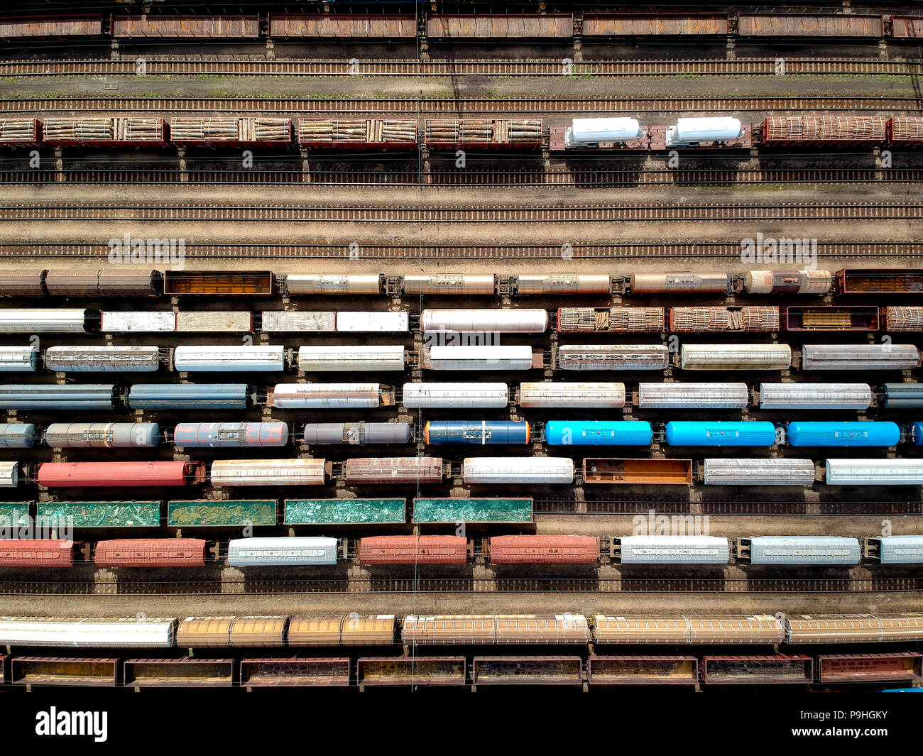 Aerial view of colorful trains on a station Stock Photo - Alamy
