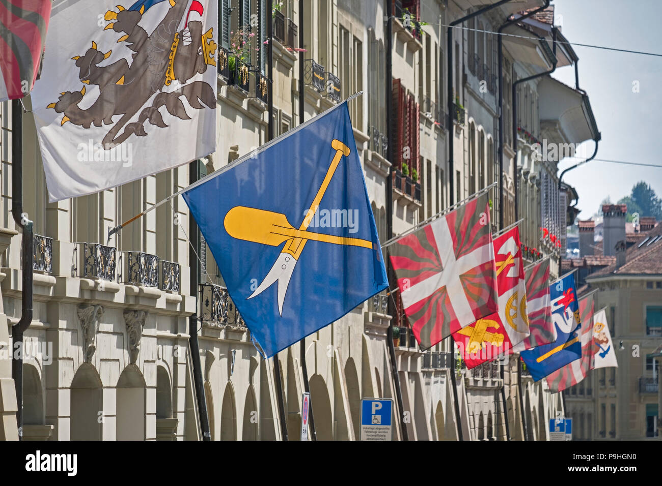 Colourful flags Old Town Bern Switzerland Stock Photo - Alamy