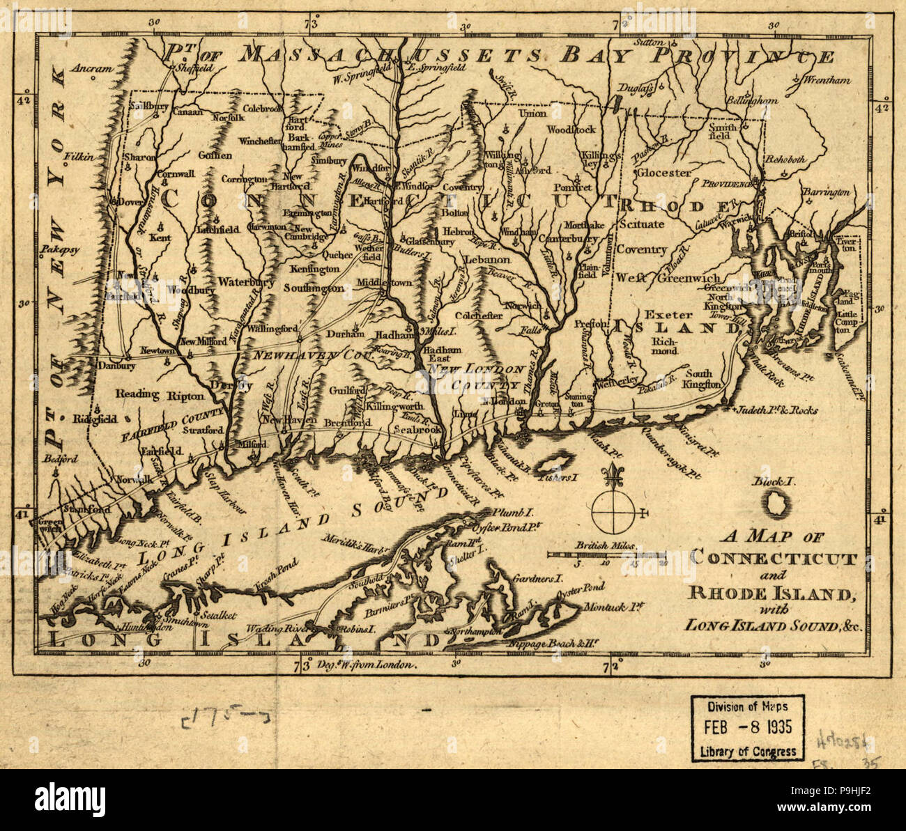 A map of Connecticut and Rhode Island with Long Island Sound, etc Stock ...