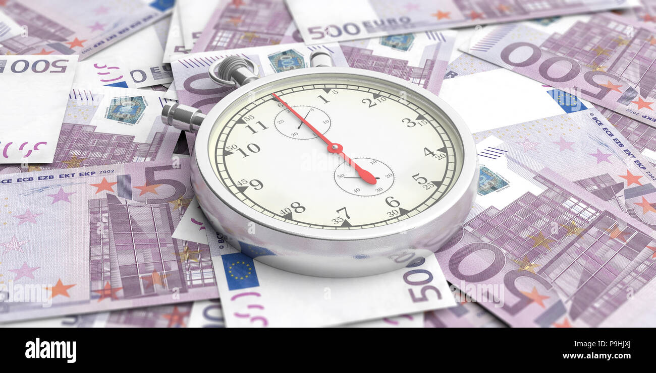 Time is money concept. Stopwatch, timer on 500 euro banknotes ...