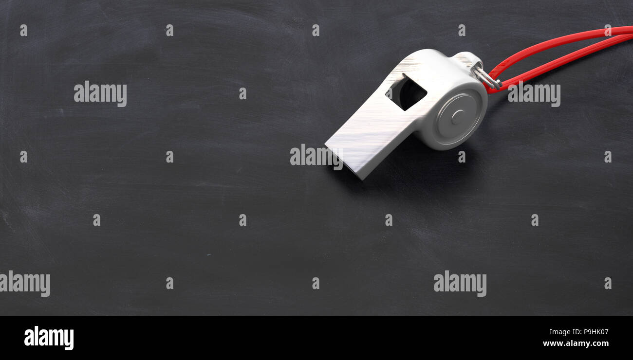 Coach whistle, metal with red string, isolated on school blackboard ...