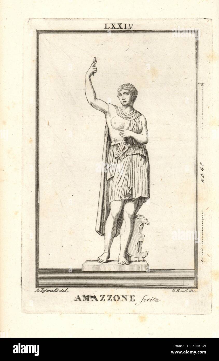 Statue of a wounded Amazon female warrior in peplos. Copperplate ...