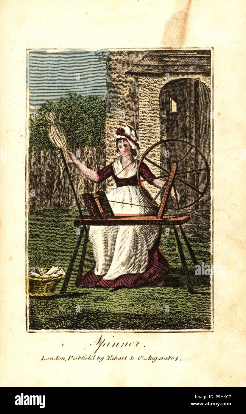 Woman spinner in bonnet and apron spinning wool yarn on a spinning ...