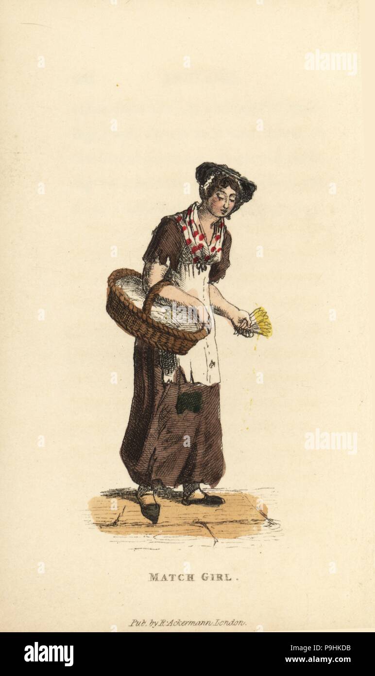 Match girl selling phosphorus matches from a basket. Handcoloured ...