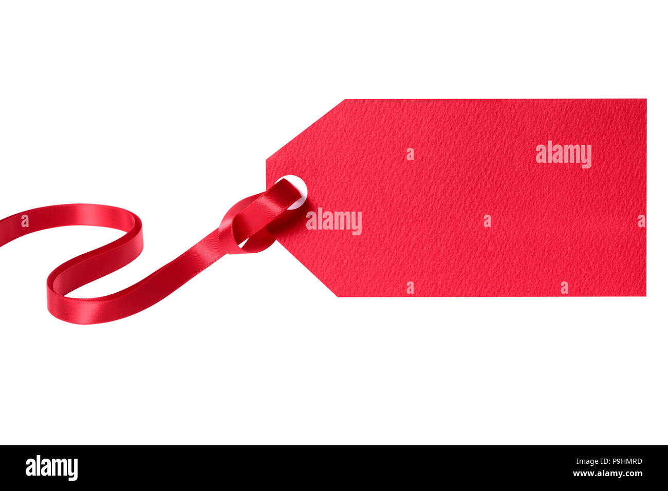 Red gift tag or price ticket with red curly ribbon isolated on white ...
