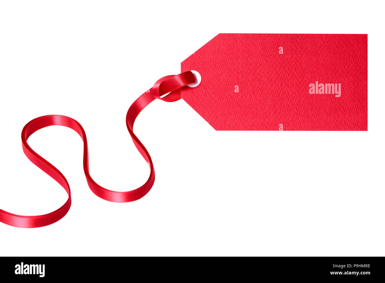 Red gift tag or price ticket with red curly ribbon isolated on white ...