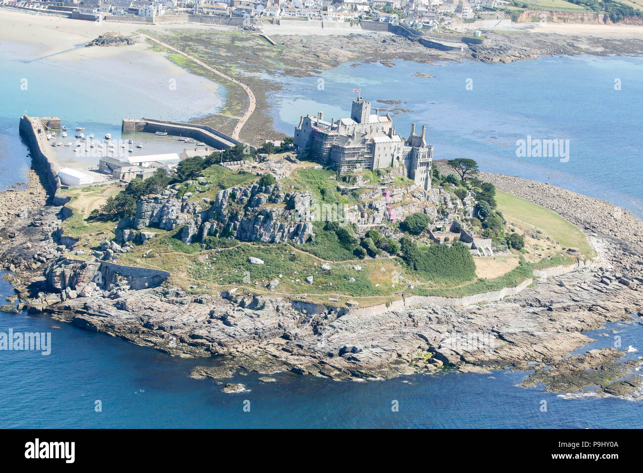 St Michael's Mount, Marazion, St Ives, Cornwall, UK. Bird's eye view ...
