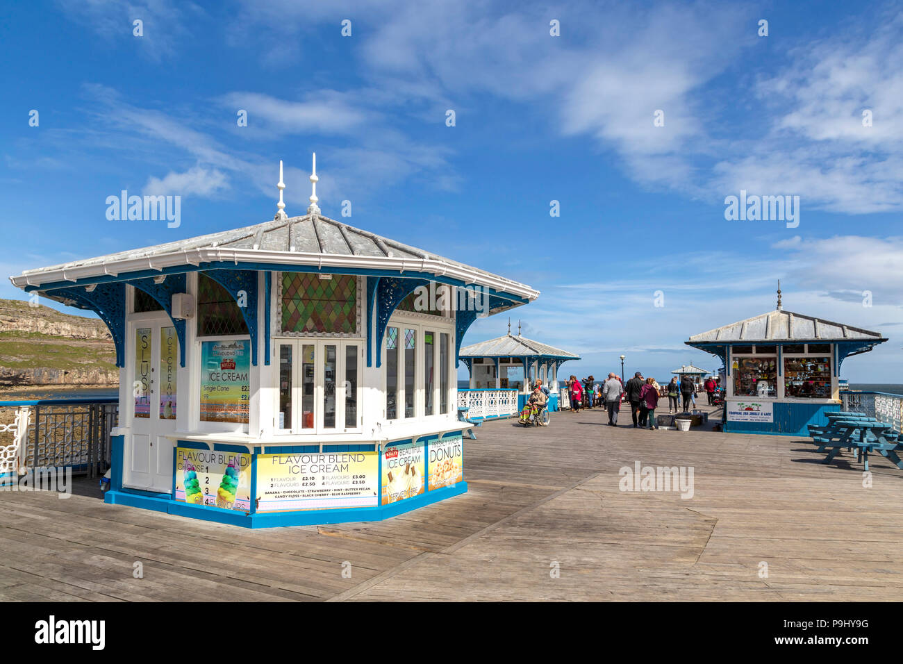 Strolling tourists on Llandudno Pier, a historic landmark in the ...