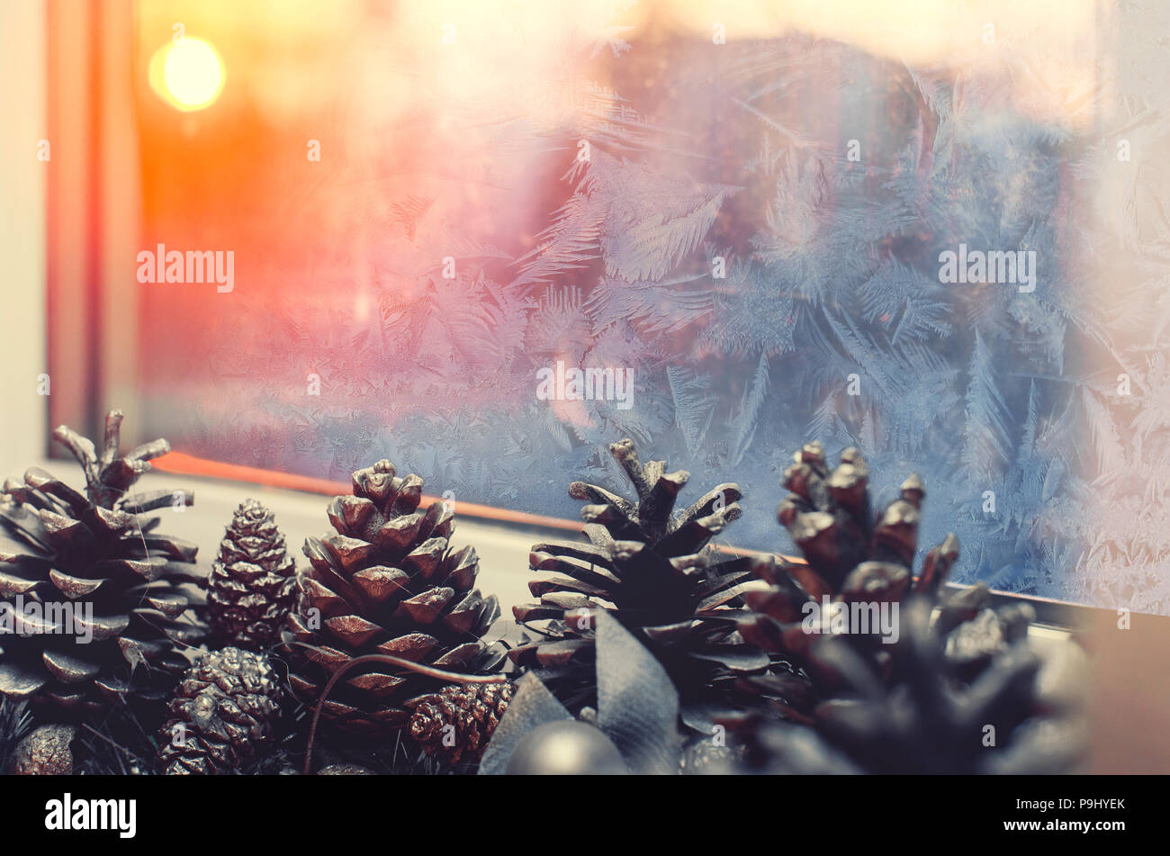 bumps on the window in the winter morning Stock Photo - Alamy