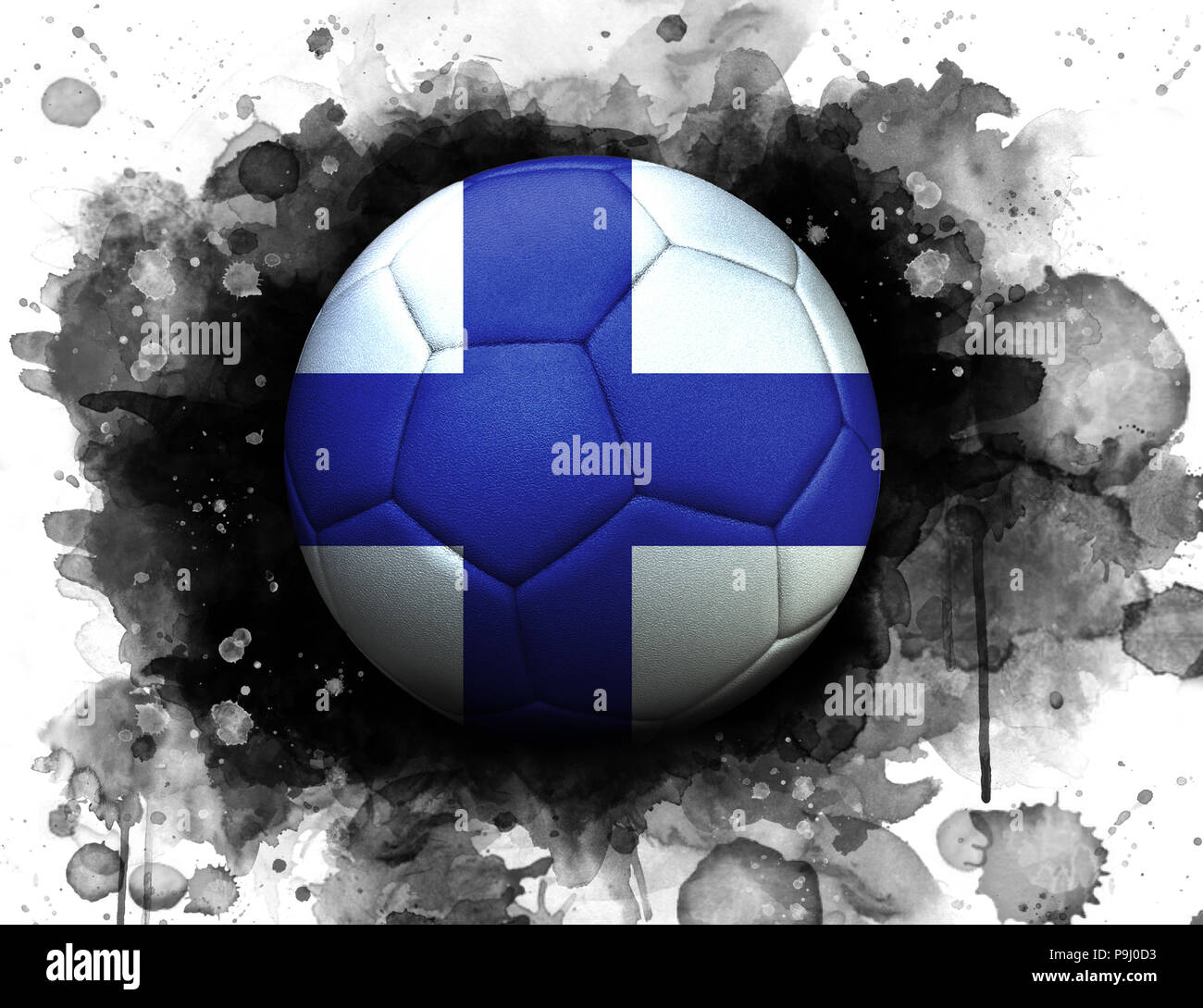 Soccer ball with flag of Finland, close up, watercolor effect on white ...