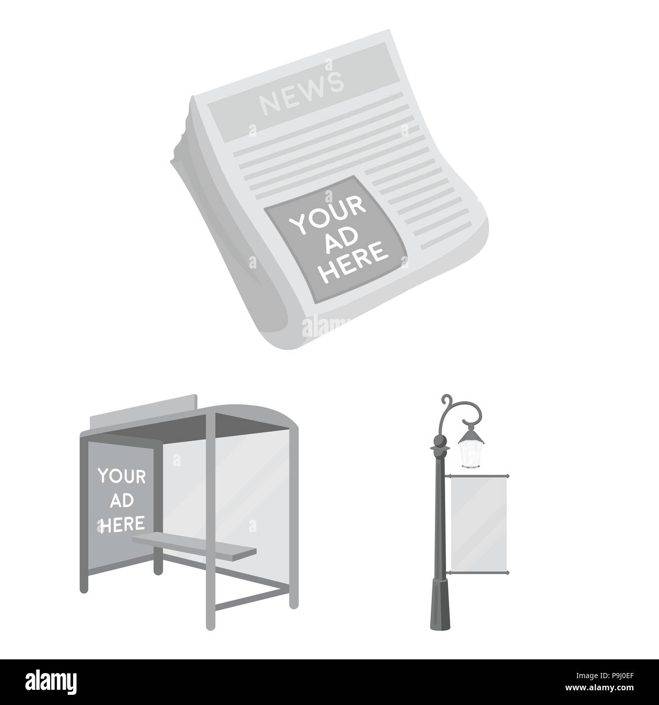 Production of advertising monochrome icons in set collection for design ...