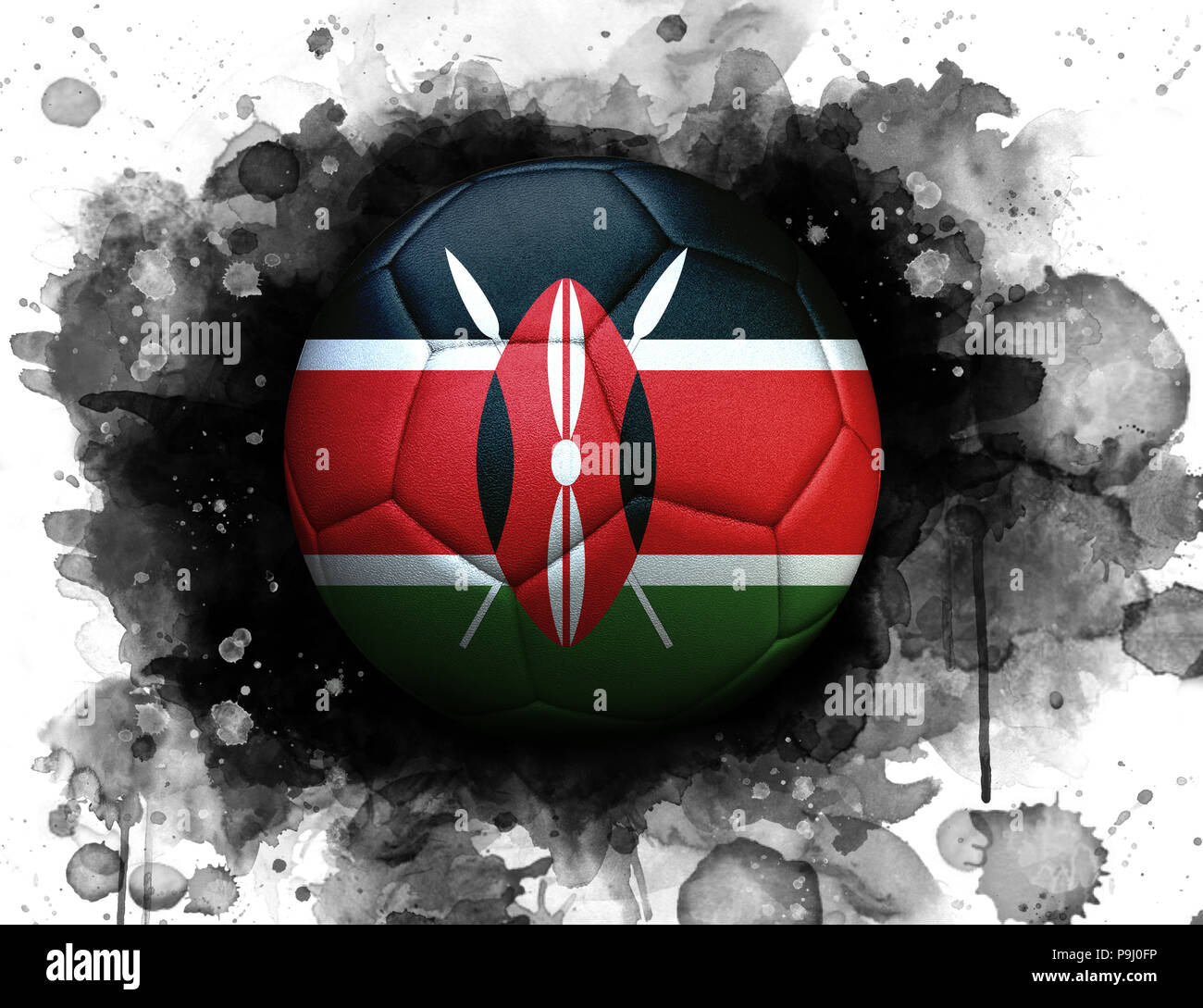 Soccer ball with flag of Kenya, close up, watercolor effect on white ...